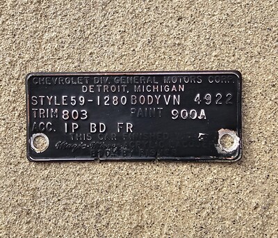 1959 Chevrolet El Camino V8 Cowl Trim Tag Tuxedo Black | eBay