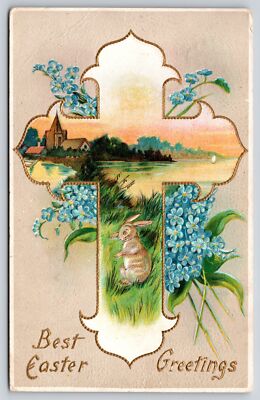 Easter~Rabbit & Lake In Cross Forget Me Nots Best Greetings~Vintage ...