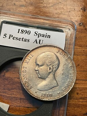 1890 Spain 5 Pesetas Alfonso XIII Baby King World Silver Coin w ...