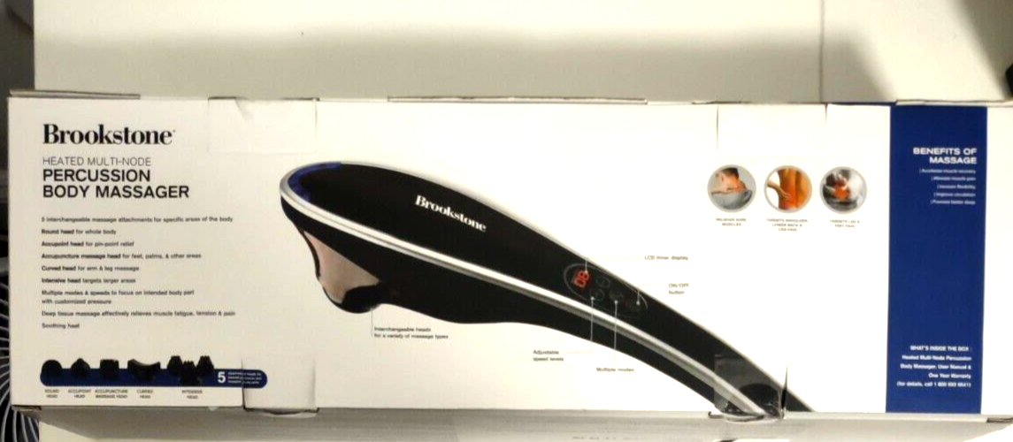 Brookstone Heated Multi-Node Percussion Body Massager 5 Head Adjustable ...