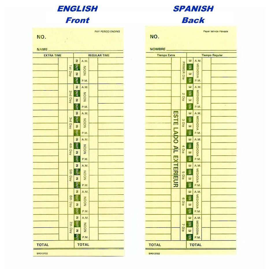 (500 ct.) Weekly 1-7 Day, English / Spanish, Time Cards for Royal TC100 ...