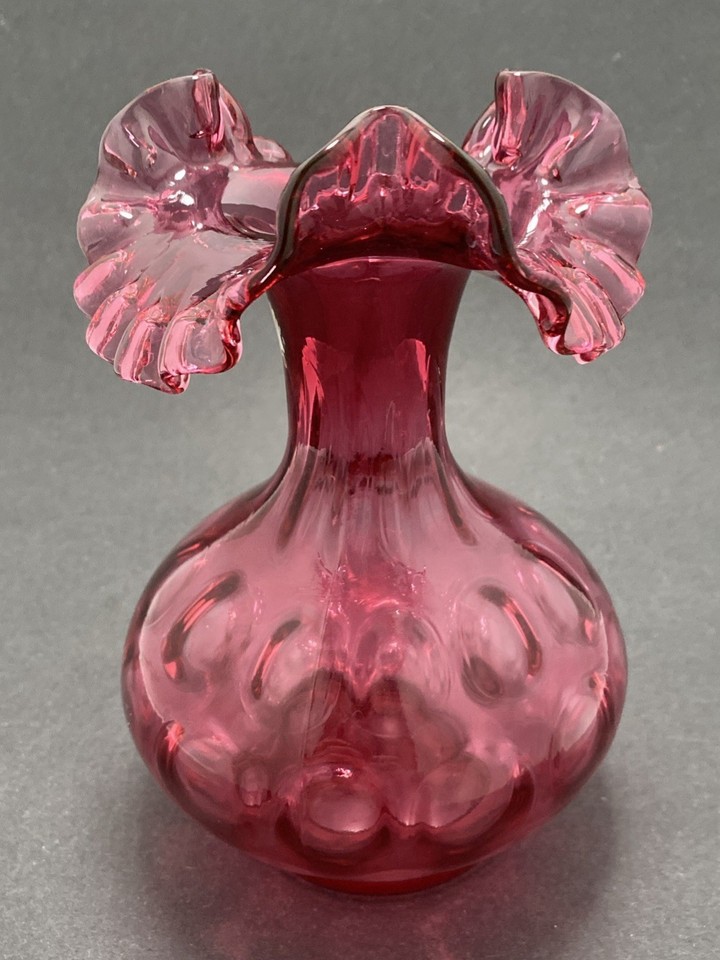 Vintage Fenton Cranberry Red Glass Coin Dot Pattern Ruffled Edge Vase ...
