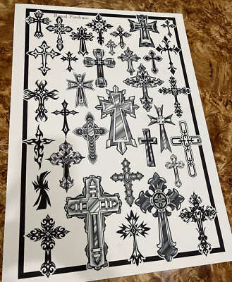Tattoo Flash art print, 20”x28” Crosses Tattoo Proster #1. | eBay
