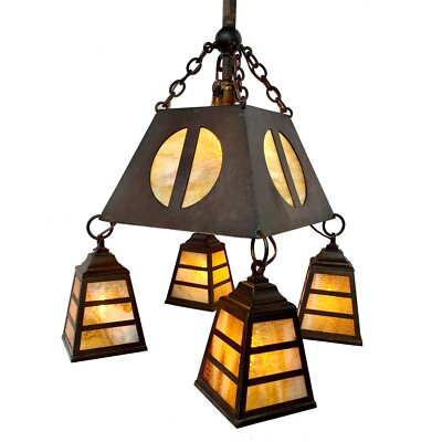 Antique Arts and Crafts Mission Chandelier Light Bronze Copper Slag ...