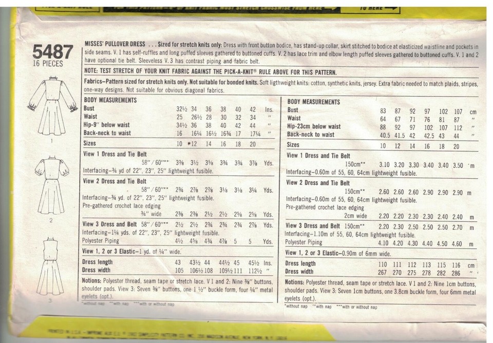 5487 Vintage Simplicity Sewing Pattern Misses Pullover Dress Stretch ...