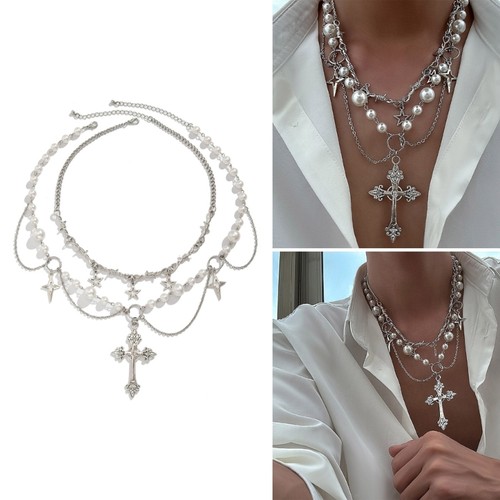 Set of 2 Stylish Crosses Pendant Pearls Necklace Jewelry for ...