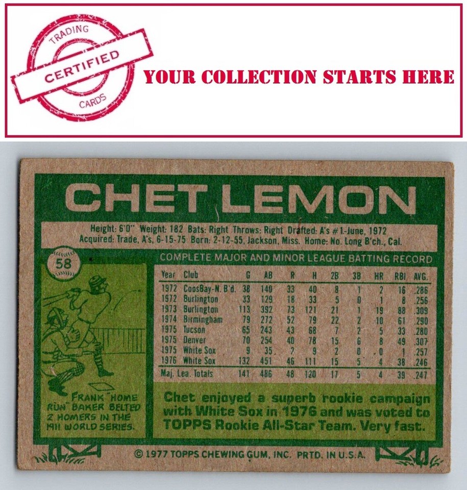Chet Lemon 1977 Topps #58 Chicago White Sox | eBay