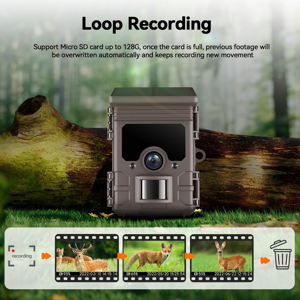 Solar Trail Camera 2.7K 30MP Battery Power Wildlife Hunting Game Cam ...