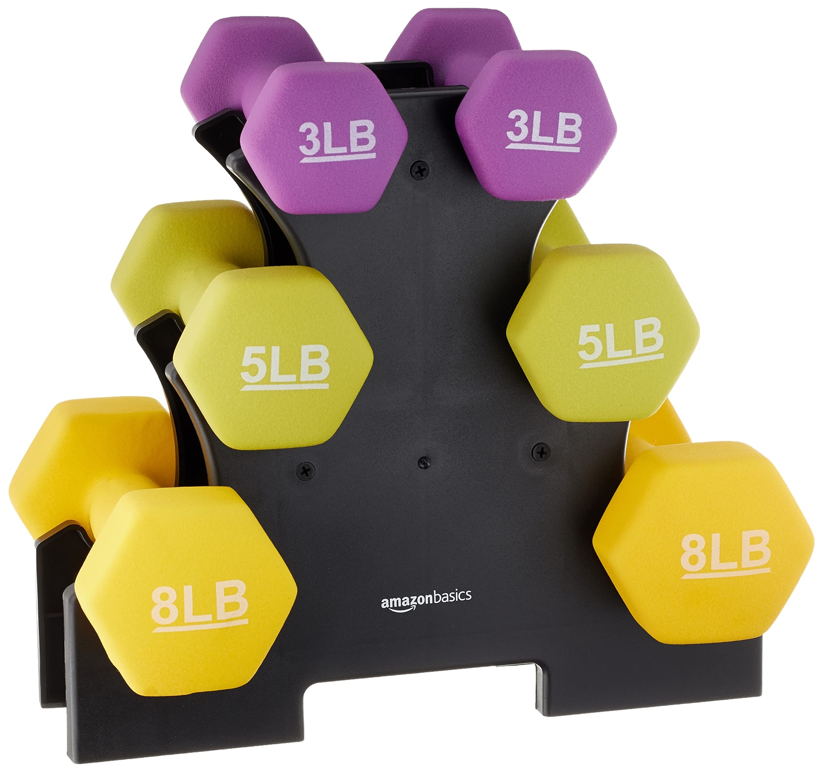 Amazon Basics Neoprene Coated Hexagon Workout Dumbbell Hand Weight Rack ...