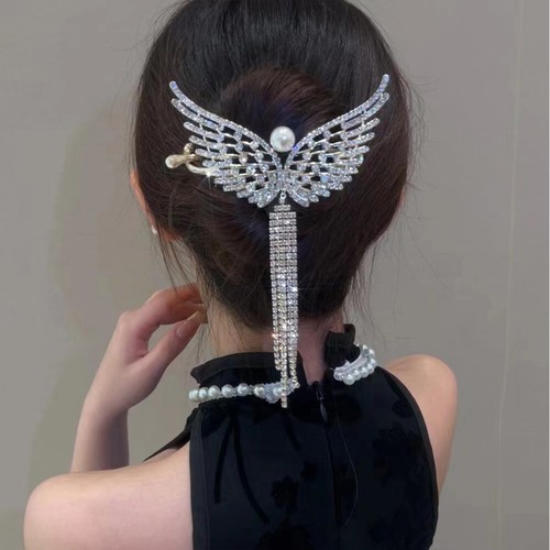 HOT Shiny Full Rhinestone Angel Wing Hair Clip Elegant Long Tassel ...
