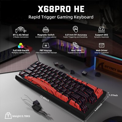 ATTACK SHARK X68 PRO HE Wireless Rapid Trigger Gaming Keyboard 8K ...