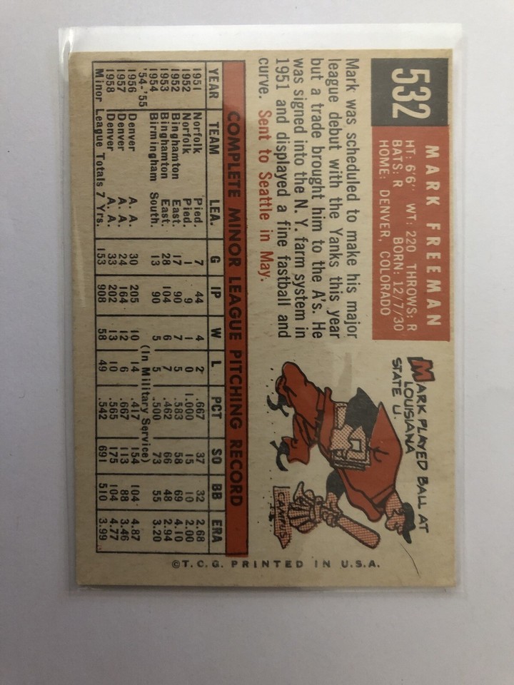 1959 Topps Baseball Mark Freeman #532 Kansas City Athletics Pitcher | eBay
