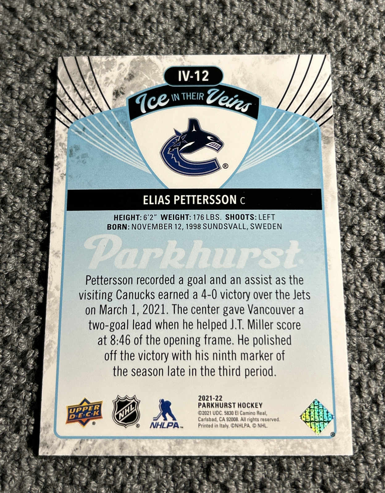 2021-22 Upper Deck Parkhurst - Ice in Their Veins Elias Pettersson #IV ...
