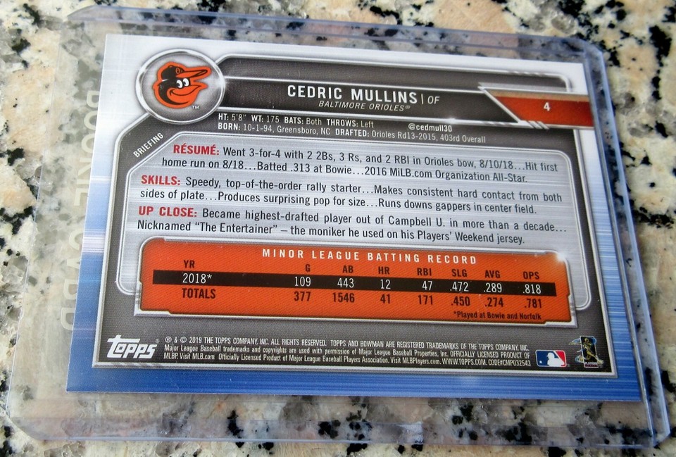 CEDRIC MULLINS 2019 Bowman ROOKIE CARD RC Logo New York Mets 30-30 HR ...