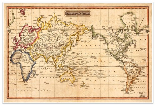 Elegant World Map MERCATOR'S CHART Atlas Print circa 1822 - 24" high x ...