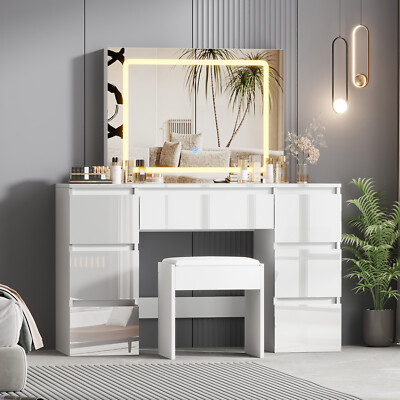 White Dressing Table High Gloss Vanity Makeup Desk 7 Drawers& Stool ...