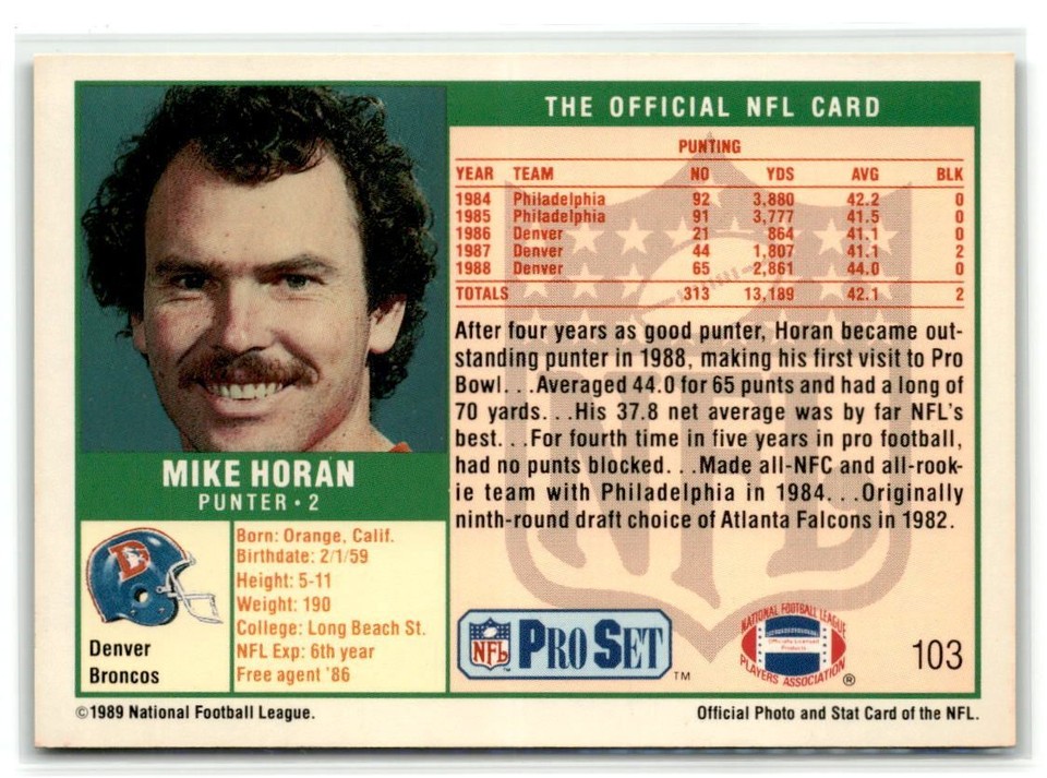 1989 Pro Set FOOTBALL #103 Mike Horan Denver Broncos | eBay