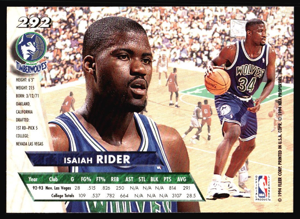 1993 Ultra Isaiah Rider Rookie #292 Minnesota Timberwolves | eBay