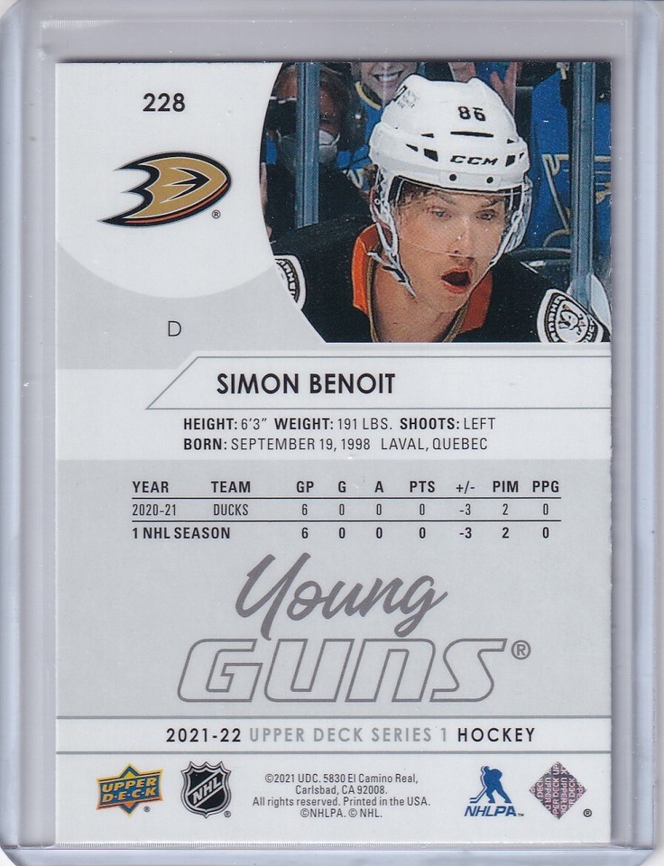 Simon Benoit 2021-22 Upper Deck Young Guns Rookie #228 $1.50 SHIPPING ...