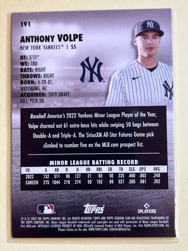 Anthony Volpe 2023 Topps Stadium Club Rookie Card #191 New York Yankees ...
