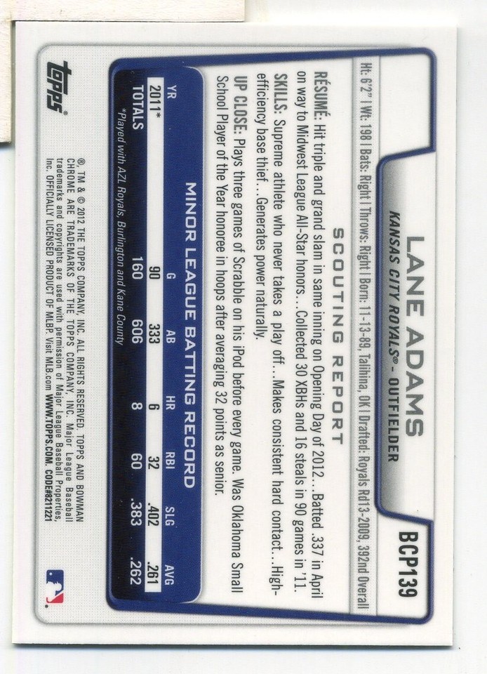 2012 Bowman Chrome Prospects Lane Adams #BCP139 Kansas City Royals ...