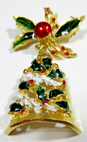 VTG BIG BELL BOW HOLLY BERRY LEAF CHRISTMAS Brooch Pin White red green ...