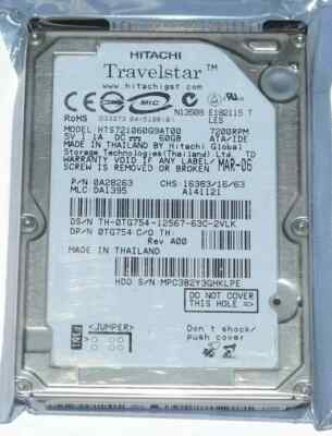 HITACHI 60 GB HDD 2.5" 8MB 7200RPM HTS721060G9AT00 IDE Hard Disk Drive ...