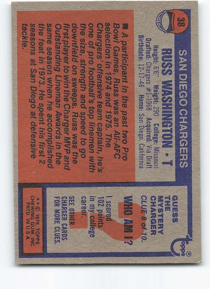 1976 Topps #38 Russ Washington EX Excellent Chargers 116257 | eBay
