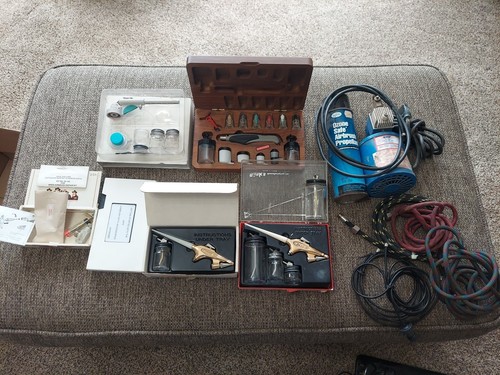 Vintage Set Of 4 Binks, Wren, Aztek Airbrushes, Compresser, Hoses, Tips ...