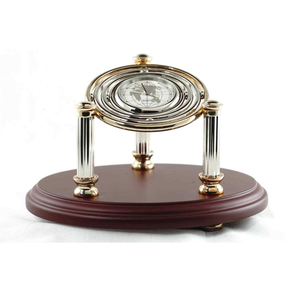 World Desk Clock Gyroscopic , Pedestals Wood Base Quartz Rotating Clock ...