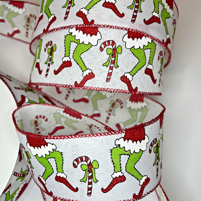 Grinch Green Christmas Monster Legs Candy Cane Wired Ribbon 2.5"x10yds ...