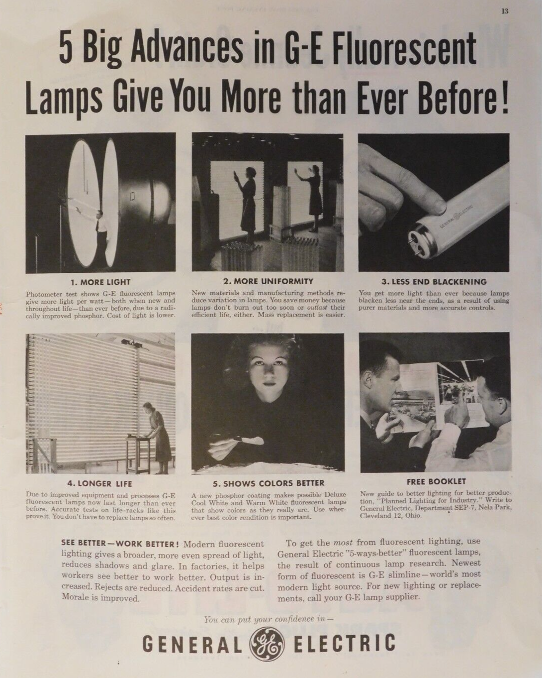 1951 General Electric Vintage Print Ad G-E Fluorescent Lamp Bulb Light ...