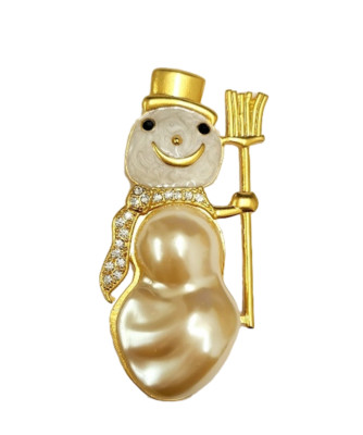 Kenneth Jay Lane, Snowman Pin, Gold/Rhinestone with 40mm Faux Pearl ...
