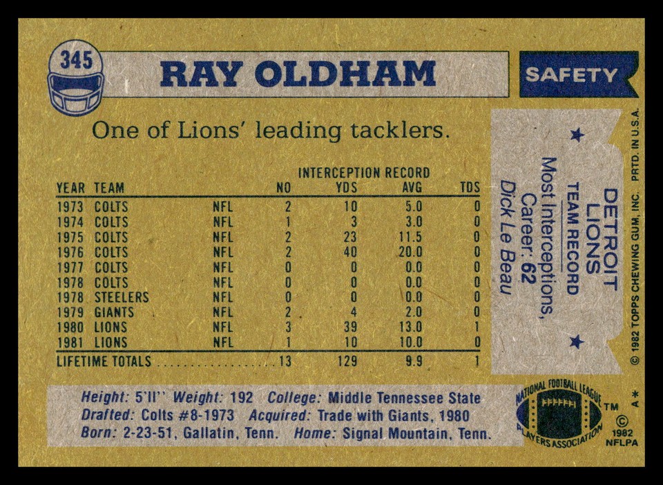 1982 Topps #345 Ray Oldham Detroit Lions Football Card EX | eBay