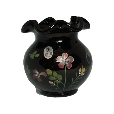 Fenton Black Glass Ruffled Top | Signed by Sean K. Fenton/Hand-painted ...