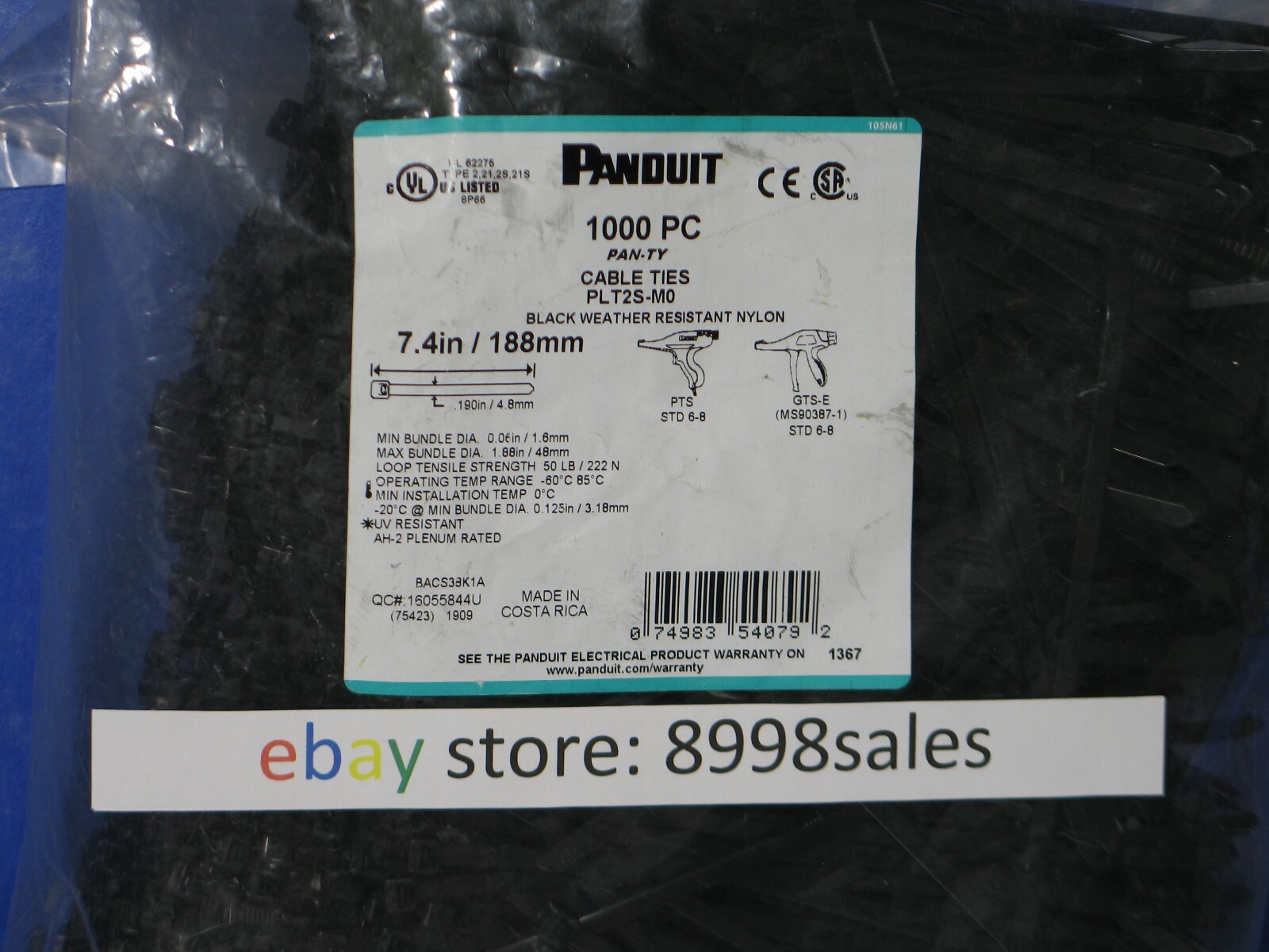 PANDUIT CABLE TIES W.190" L 7.4" NYLON BLACK WEATHER RST PLT2S-M0 1000 ...
