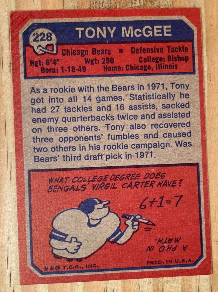 1973 TOPPS TONY MCGEE ROOKIE CARD#228 CHICAGO BEARS NEW ENGLAND ...