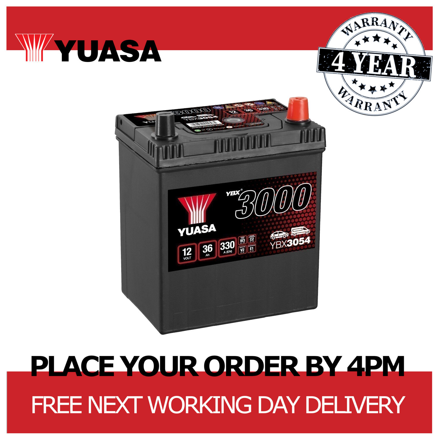 12V Car Battery, Type 054, Yuasa YBX3054, 36Ah 330CCA Sealed Calcium | eBay