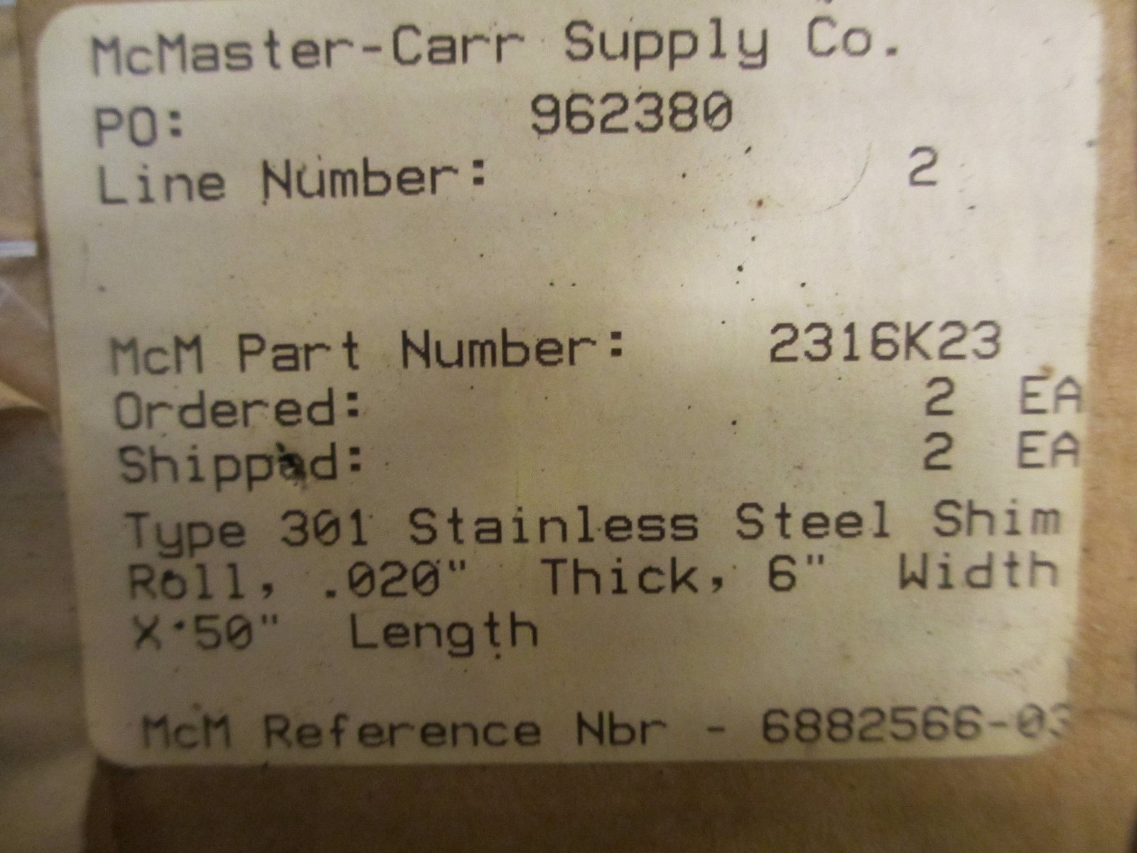 Precision Metal .020 6x50 in. Shim Roll,Steel Shim, SS 301 McMaster ...