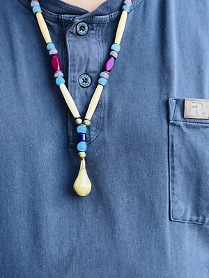 Vintage Navajo Style Beaded Buffalo Bone Necklace Glass Beads Tear Drop ...