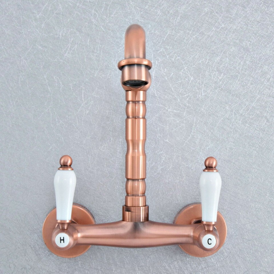 Antique Red Copper Wall Mount Kitchen Sink Faucet Dual Handle Swivel ...