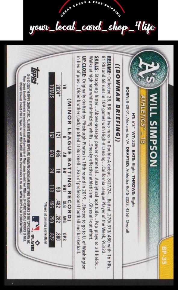 2025 Bowman #BP-35 Will Simpson Prospects | eBay