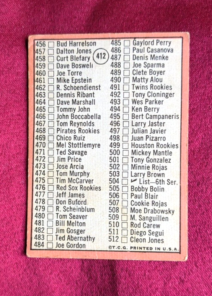 1969 Topps Baseball 5th Series Checklist #412, w/Mickey Mantle ...