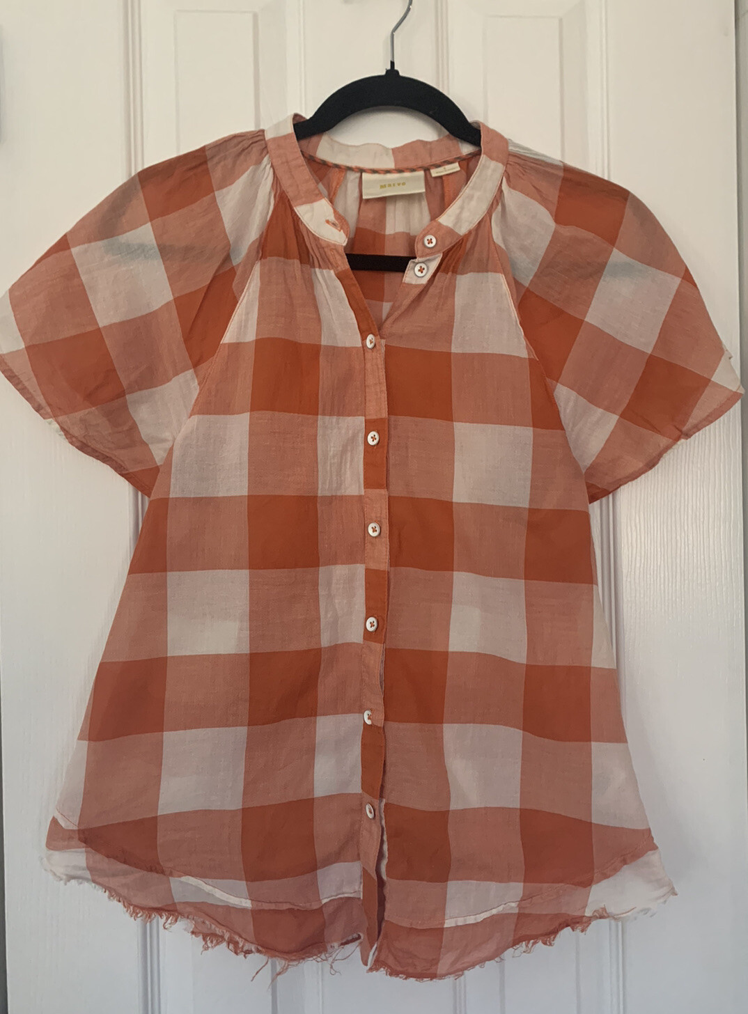 Maeve By Anthropologie Orange & White Buffalo Plaid, Flutter Sleeves ...