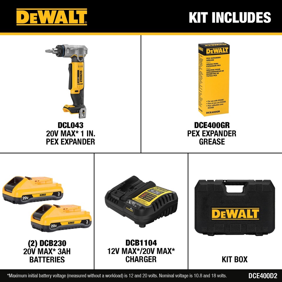 Dewalt DCE400D2 20V MAX XR Cordless 1-in PEX Expander Tool Kit w/2 ...