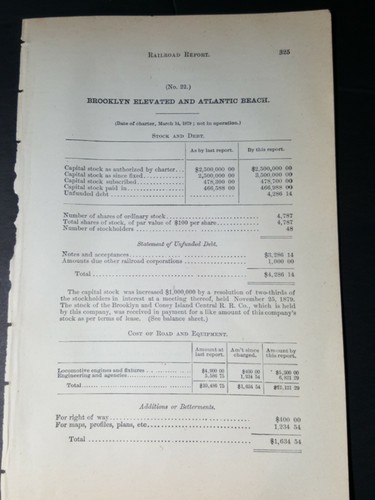 1880 NY train document BROOKLYN ELEVATED & ATLANTIC BEACH RAILROAD NYC ...