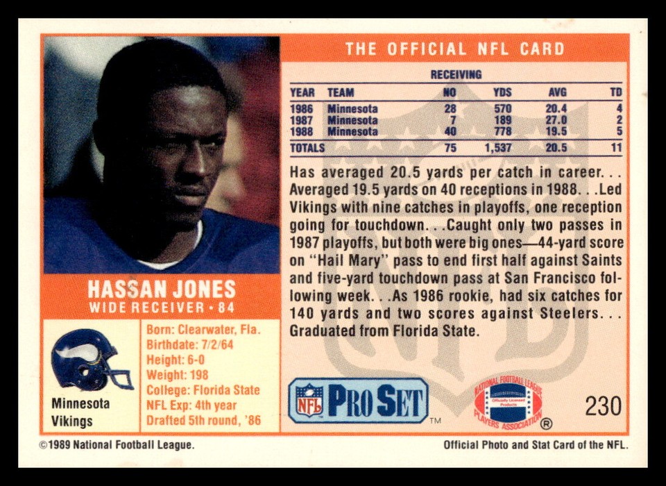 1989 Pro Set #230 Hassan Jones RC | eBay