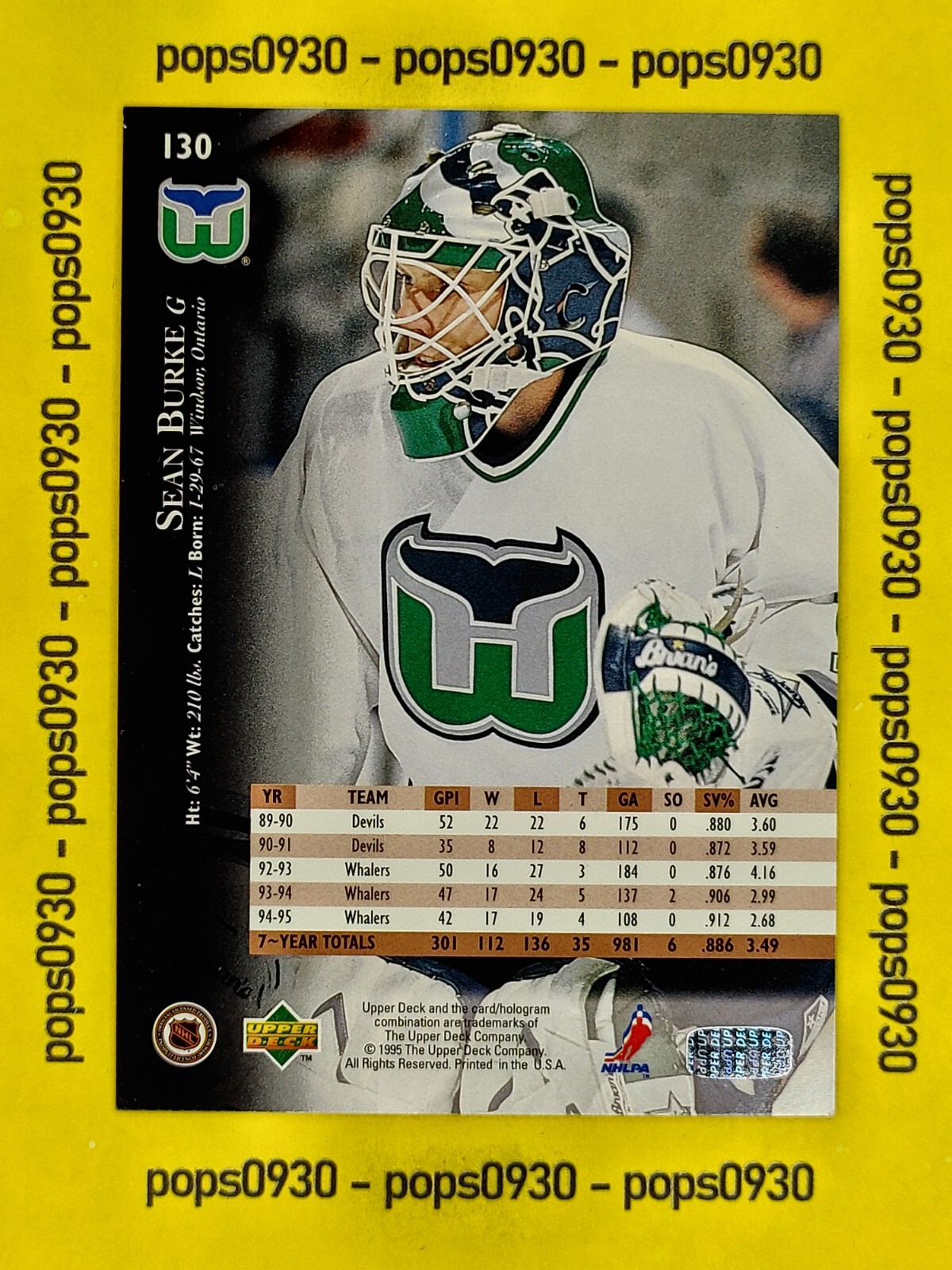 Sean Burke, Hartford Whalers, 1995, Upper Deck, #130 | eBay.de