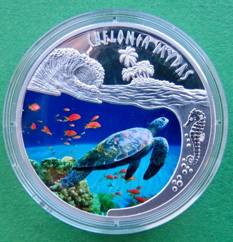 2010 Rwanda Green Sea Turtle Tortoise 999 Silver Colored Coin Wildlife ...