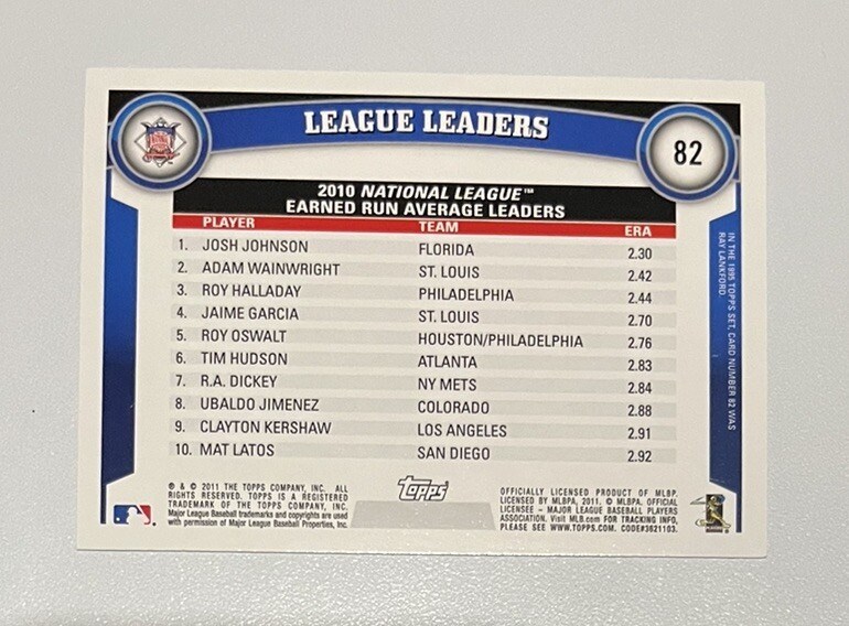 2011 Topps #82 Josh Johnson/ Adam Wainwright/ Roy Halladay League ...